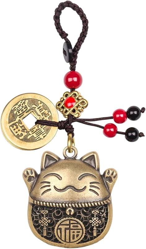Brass Maneki Neko Lucky Cat Keychain with Feng Shui Coins, Maneki Neko ...
