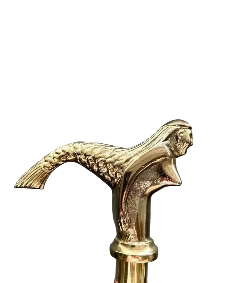 Brass Mermaid Handle Wooden Walking Cane – 36" Shiny Vintage Style Cane ...