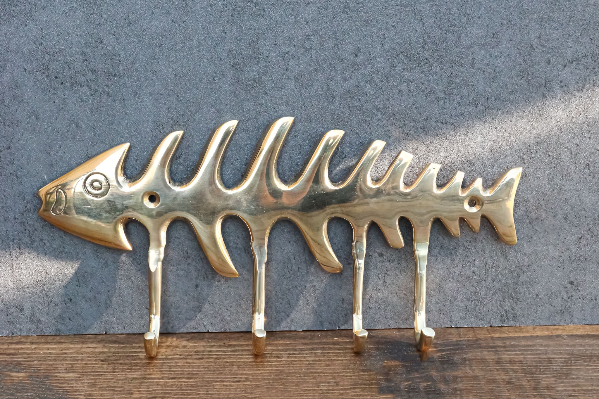 Brass Metal Golden Fishbone Fish Bone Marine Coastal 4 Peg Wall Hooks ...