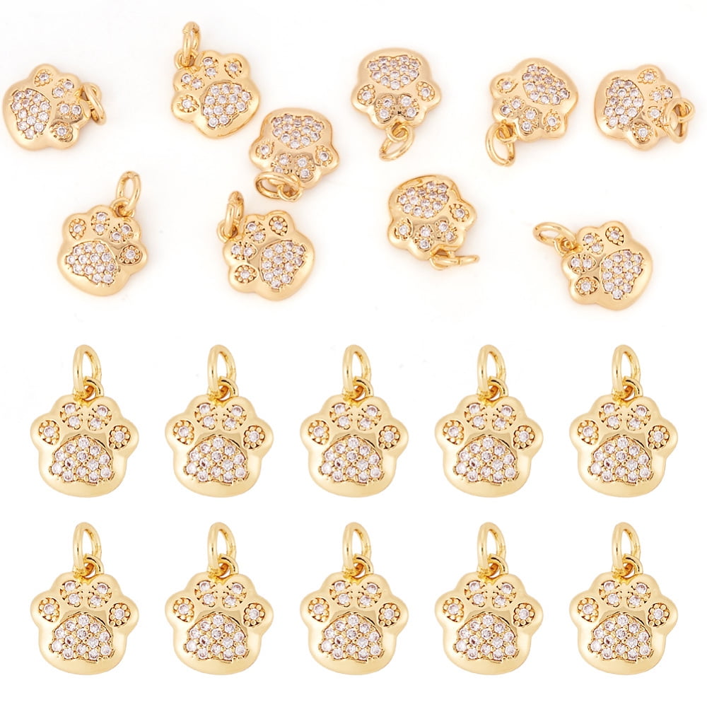 Brass Micro Pave Clear Cubic Zirconia Charms with Jump Rings Nickel Free Dog Paw Prints Real 18K ...