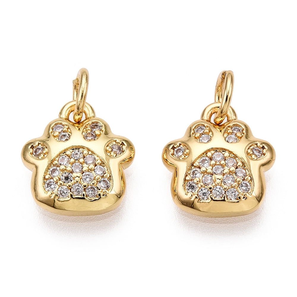 Brass Micro Pave Clear Cubic Zirconia Charms with Jump Rings Nickel Free Dog Paw Prints Real 18K ...