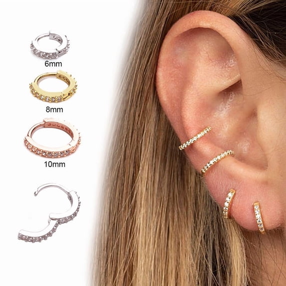 Brass Micro Pave Clear Cubic Zirconia Hoop Cartilage Earrings Golden ...