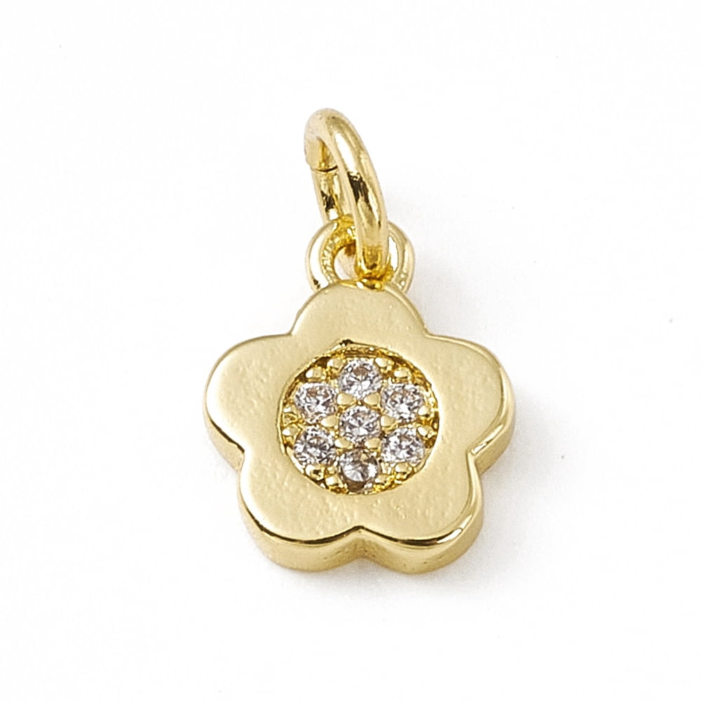 Brass Micro Pave Cubic Zirconia Charms with Jump Rings 5-Petal Flower ...