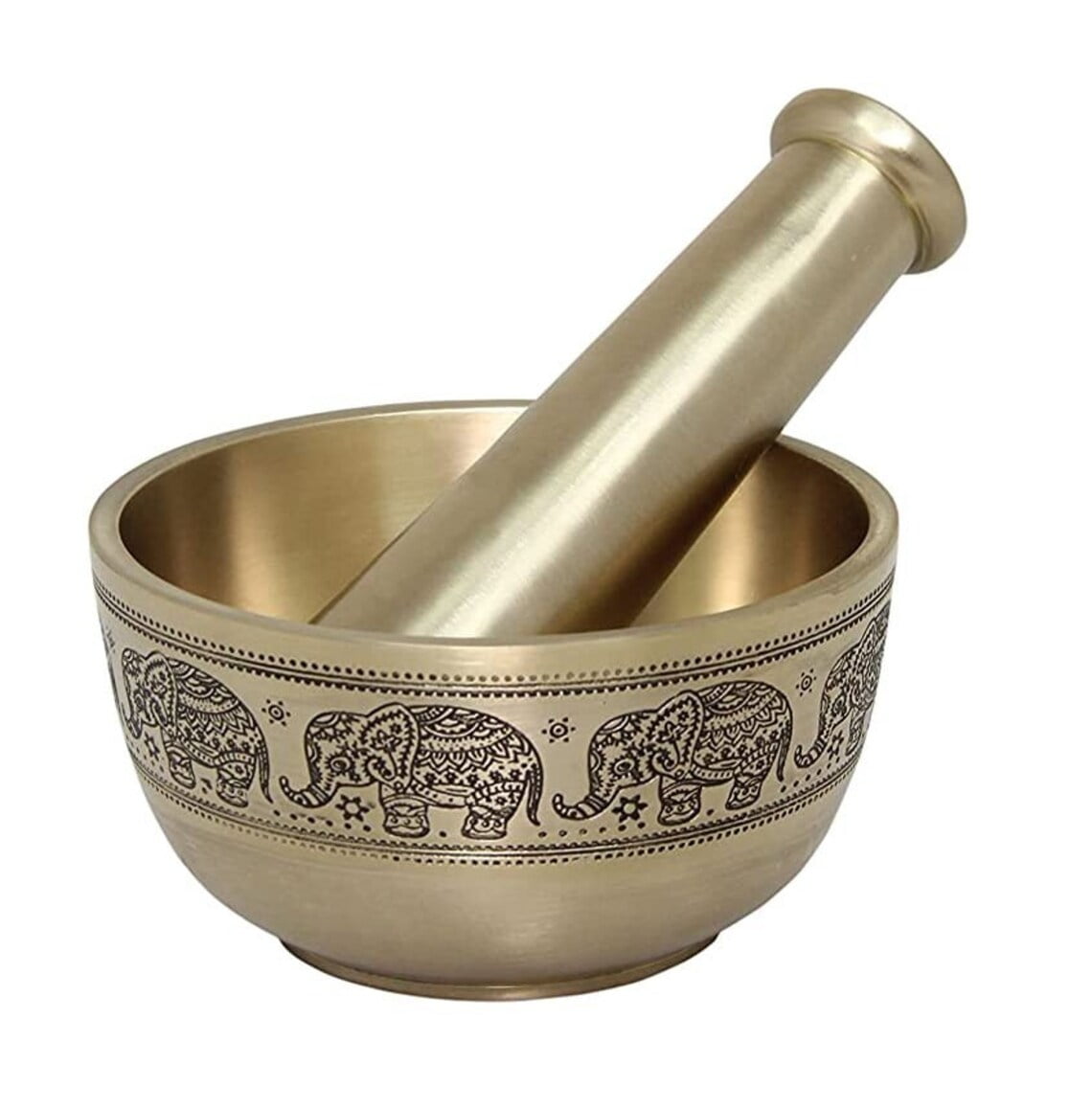 Brass Mortar and Pestle set/ Brushed Finish with Elephant carved Spice ...