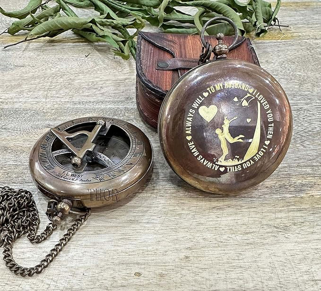 Brass Nautical Sundial Compass with Leather Case and Chain - Push Open ...