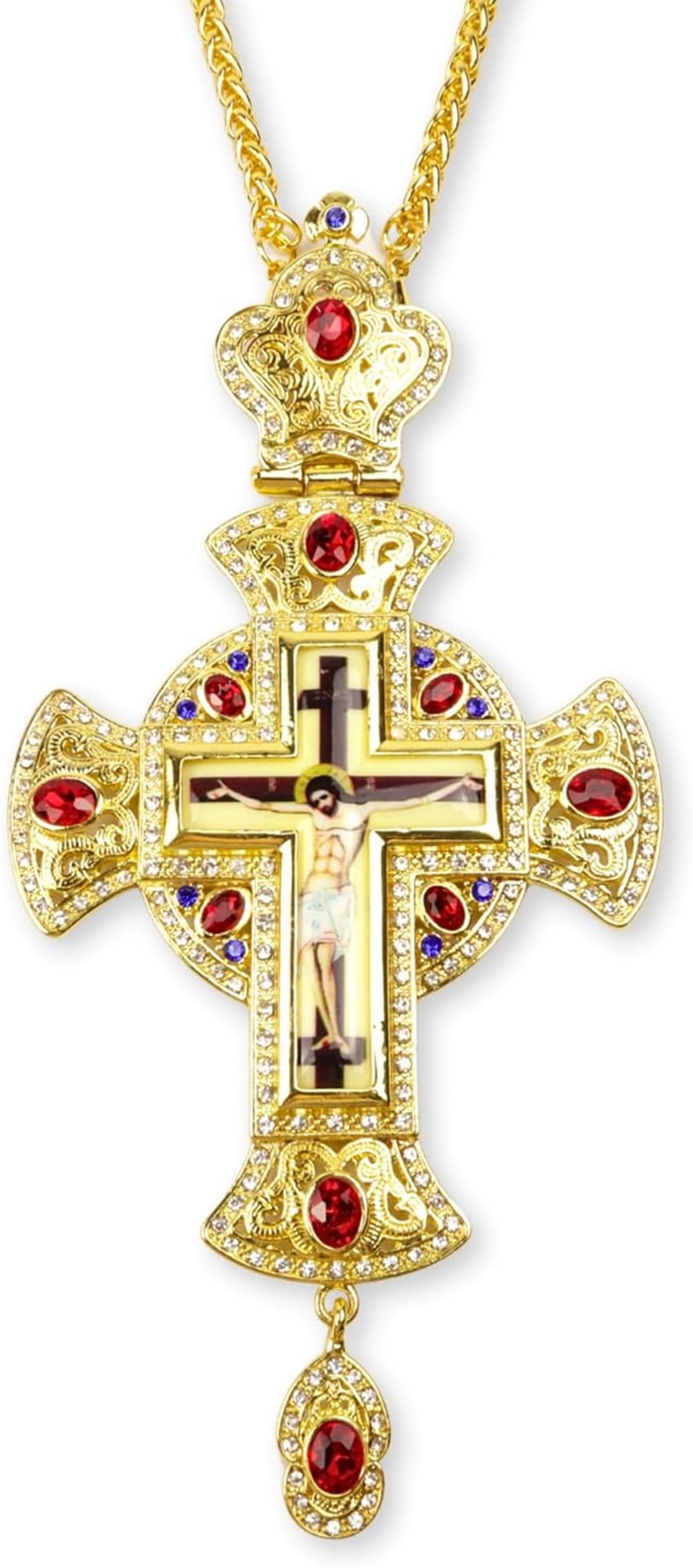 Brass Orthodox Pectoral Cross Necklace with Faux Crystals, Catholic ...