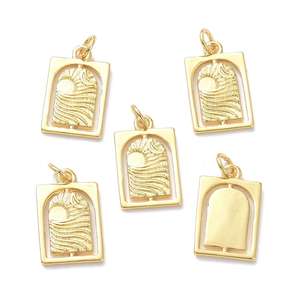 Brass Pendants with Jump Rings Long-Lasting Plated Rectangle with Sun ...