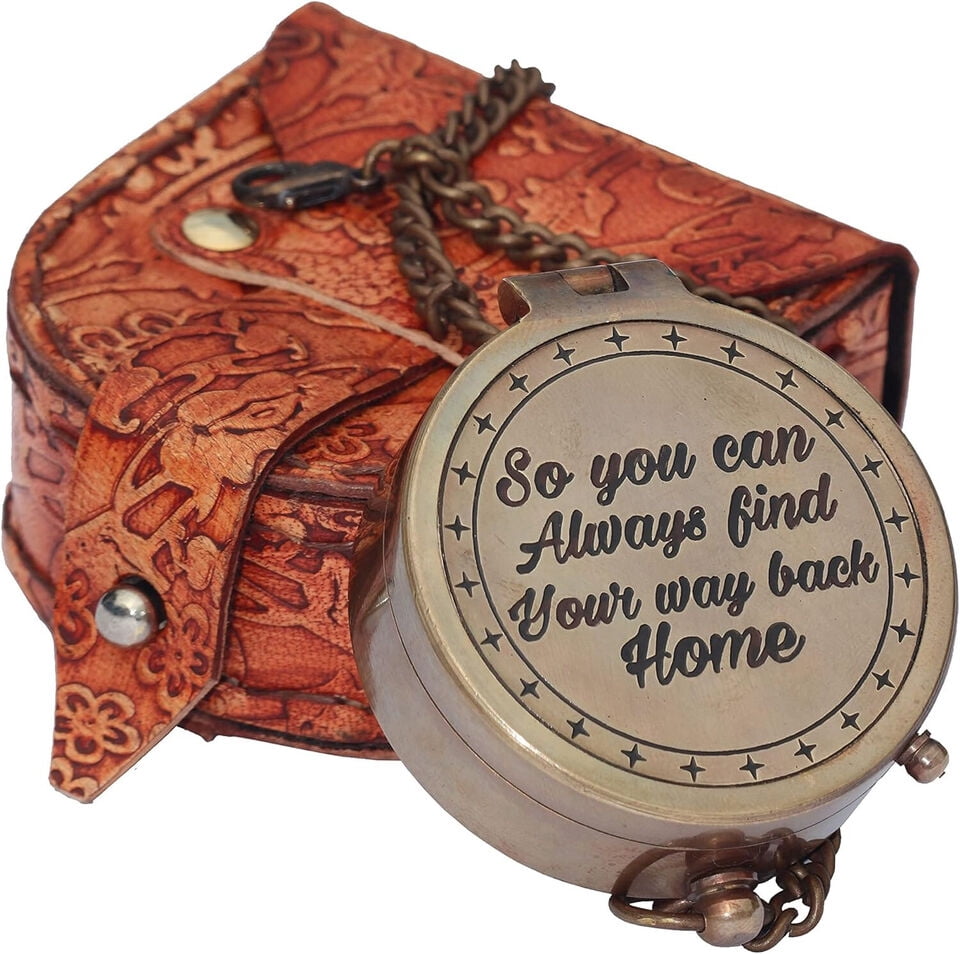 Brass Pocket Compass, Engraved Compass Leather Case SoCamping Compass ...