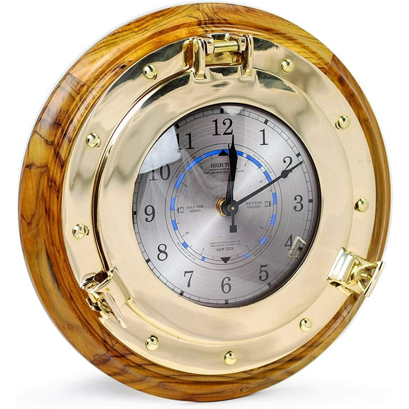 Brass Polished Porthole Time & Tide Clock On Wooden Base (Silver ...