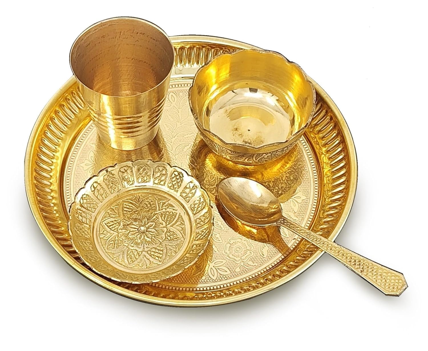 Brass Pooja Bhog Thali Set 6 Inch – Pital Plate with Bowl, Glass ...