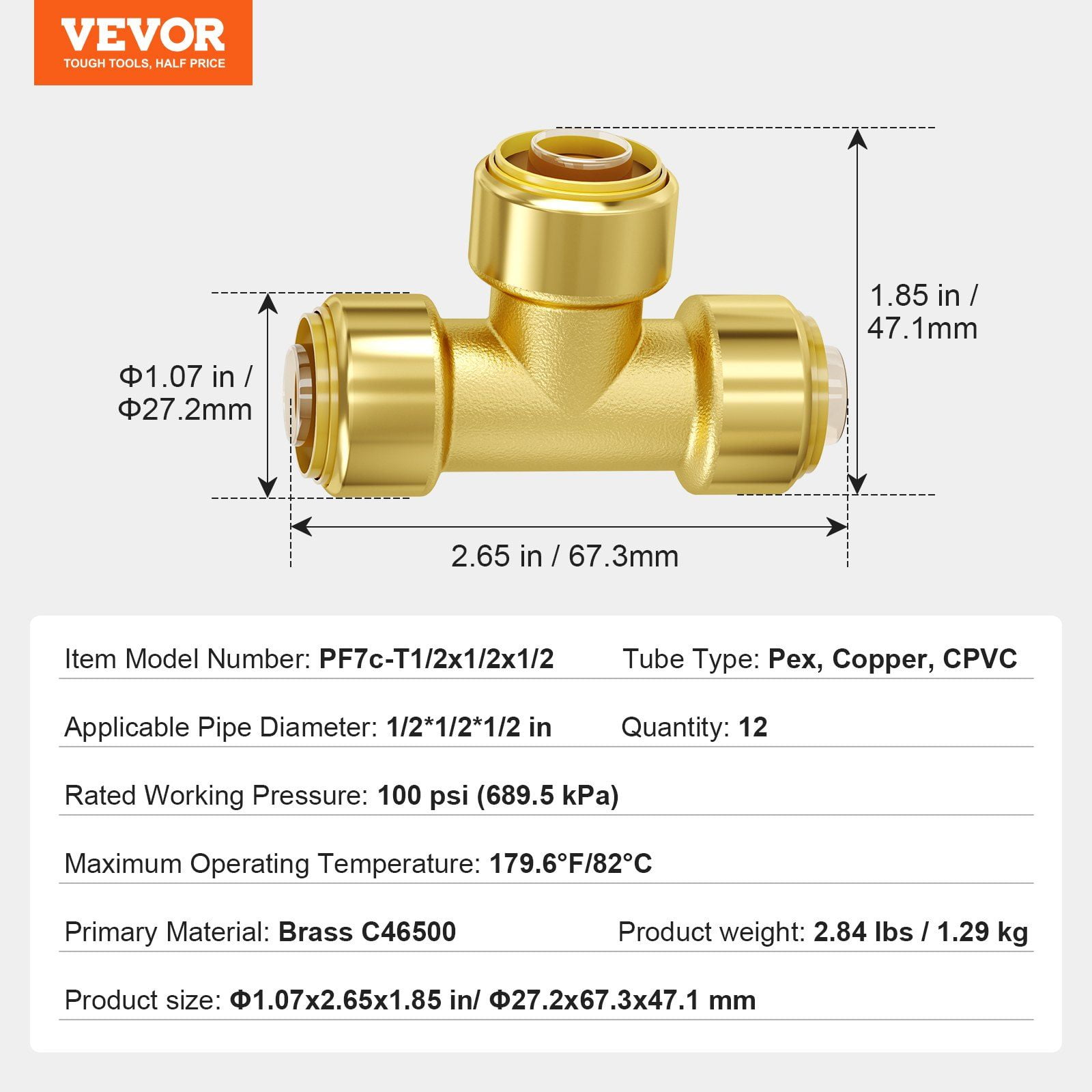 Brass Push-Fit Tee Pipe Fittings, 1/2" 12PCS - Shower & Heating System ...