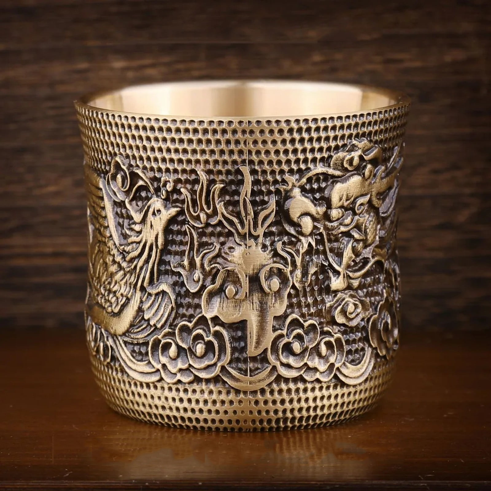 Brass Relief Dragon And Phoenix Cup, Retro Embossed Hundred Blessings ...