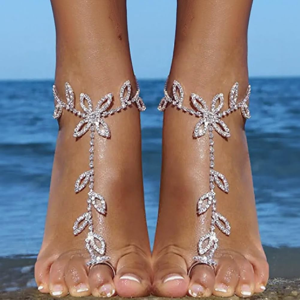 Brass Rhinestone Link Chain Finger Ring Bracelets for Women Leaf ...