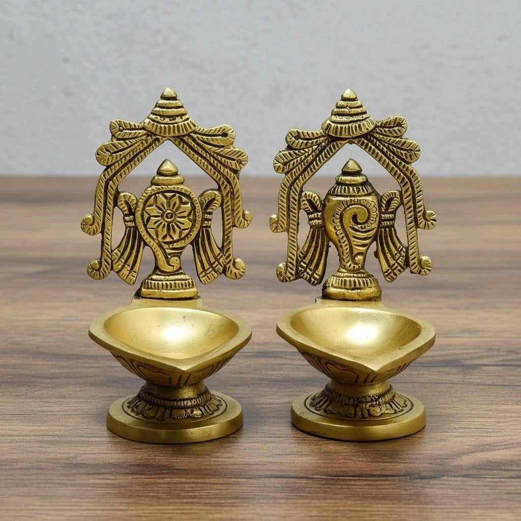 Brass Shankh Chakra Oil Lamp Pair Handcrafted Temple Diyas Auspicious ...