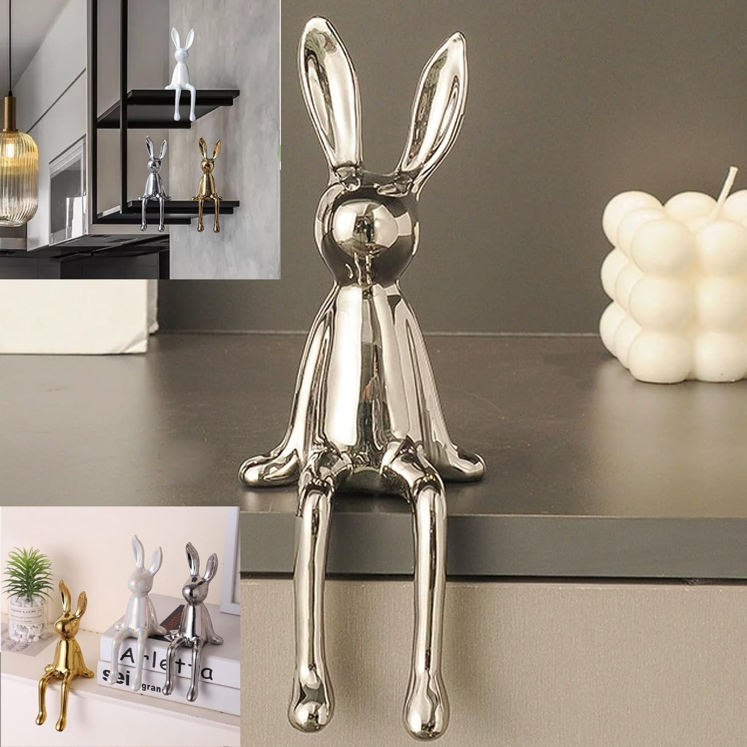 Brass Sitting Bunny, Sitting Gold Bunny for Shelf, Ceramic Bunny ...