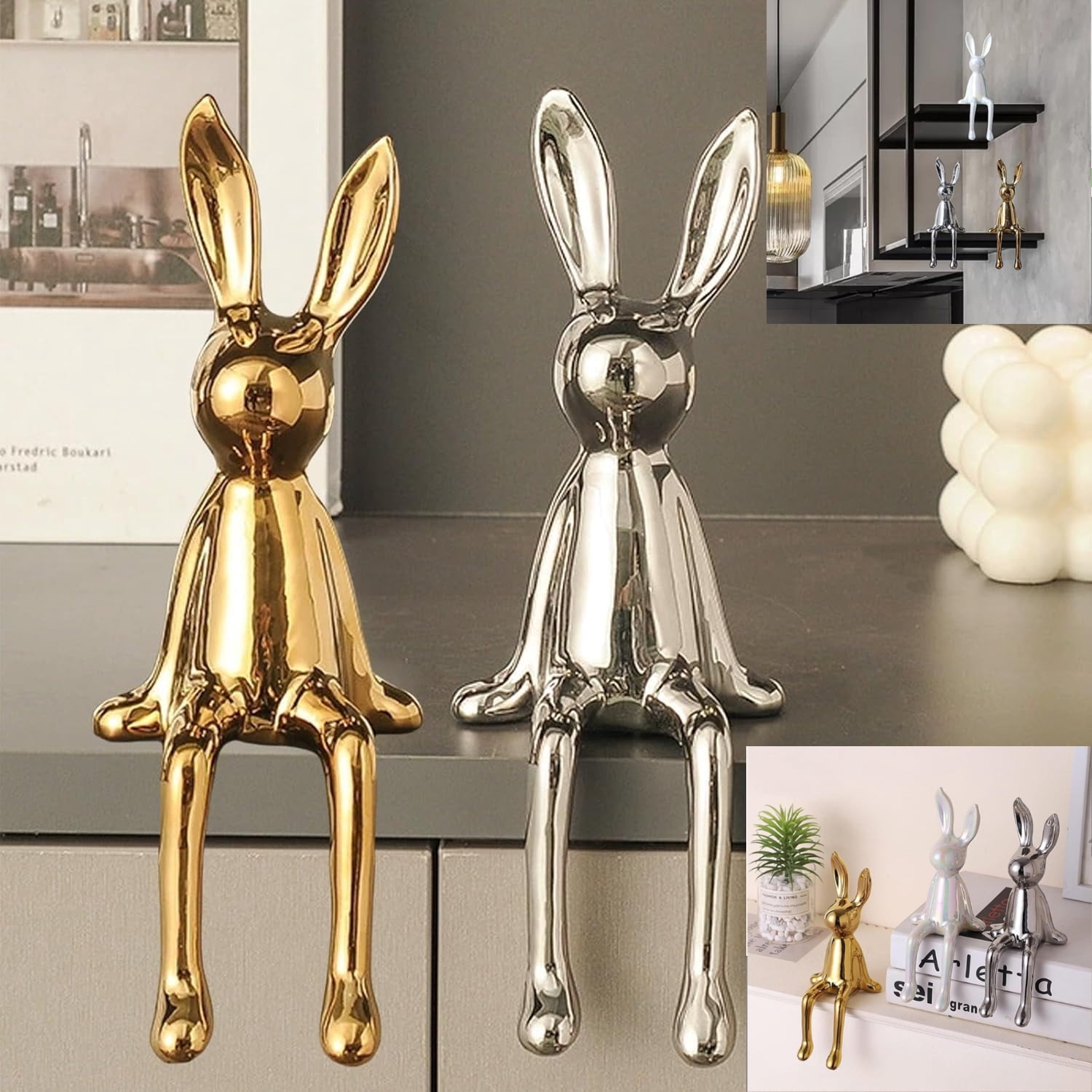 Brass Sitting Bunny, Sitting Gold Bunny for Shelf, Ceramic Bunny ...