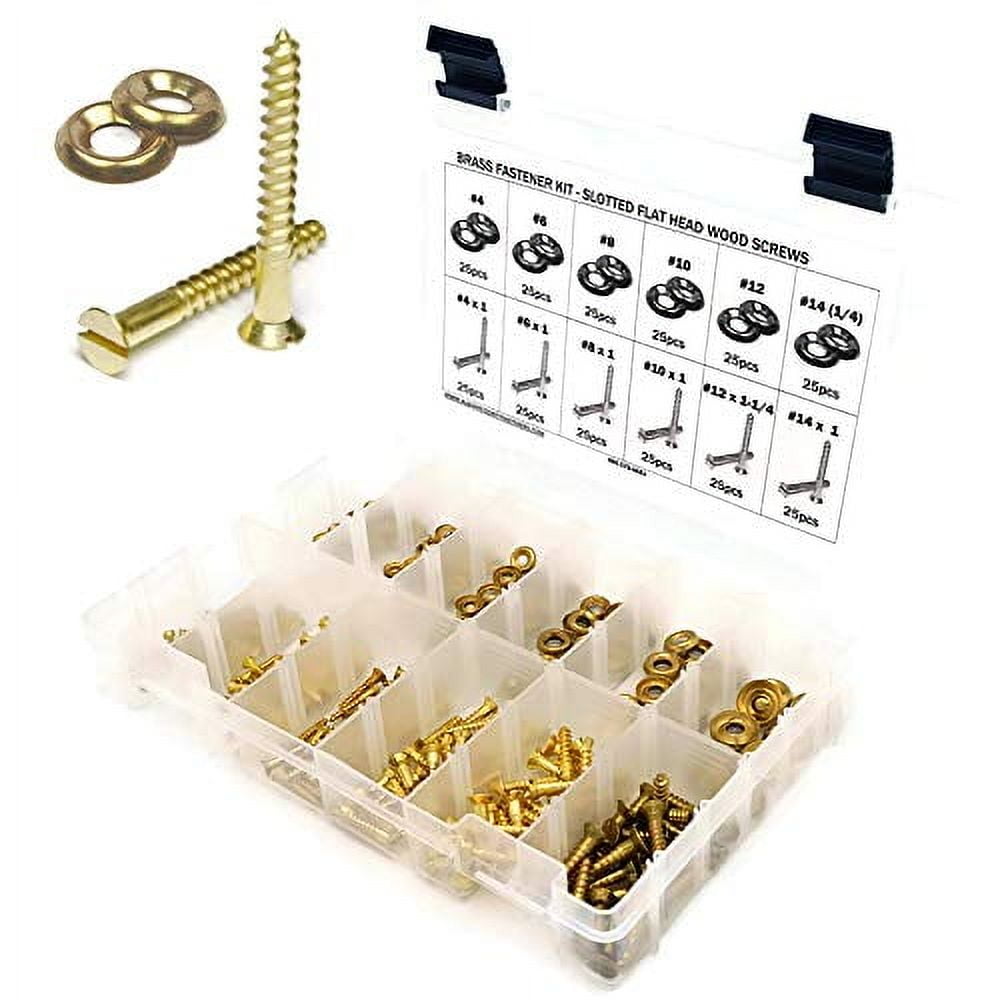 Brass Slotted Flat Head Wood Screw Kit with Countersunk Finishing Cup Washers - 301 Piece ...