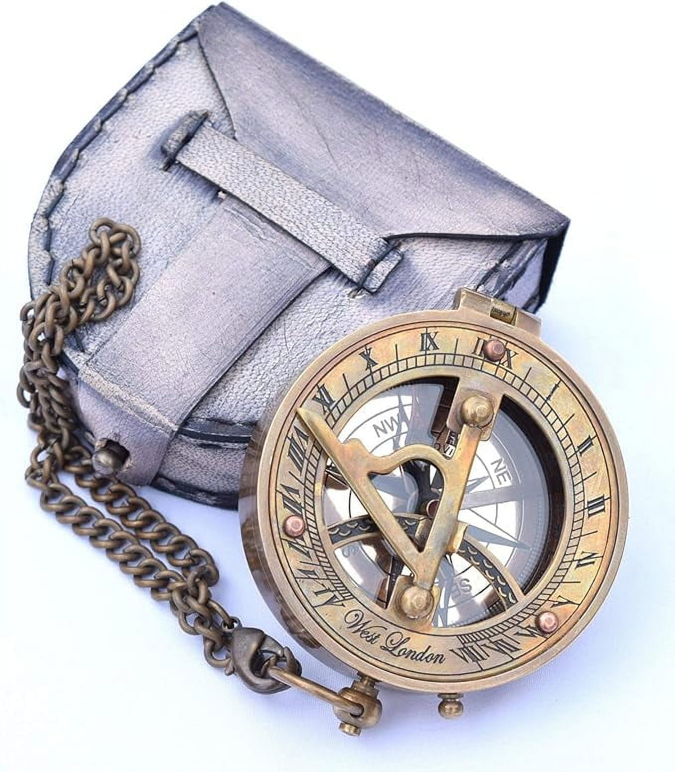 Brass Sundial Compass with Chain & Leather Case - Marine Nautical - Sun ...