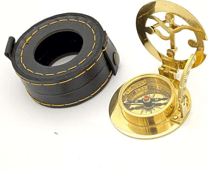 Brass Sundial Compass with Leather Box - Nautical Accessories for Mens ...