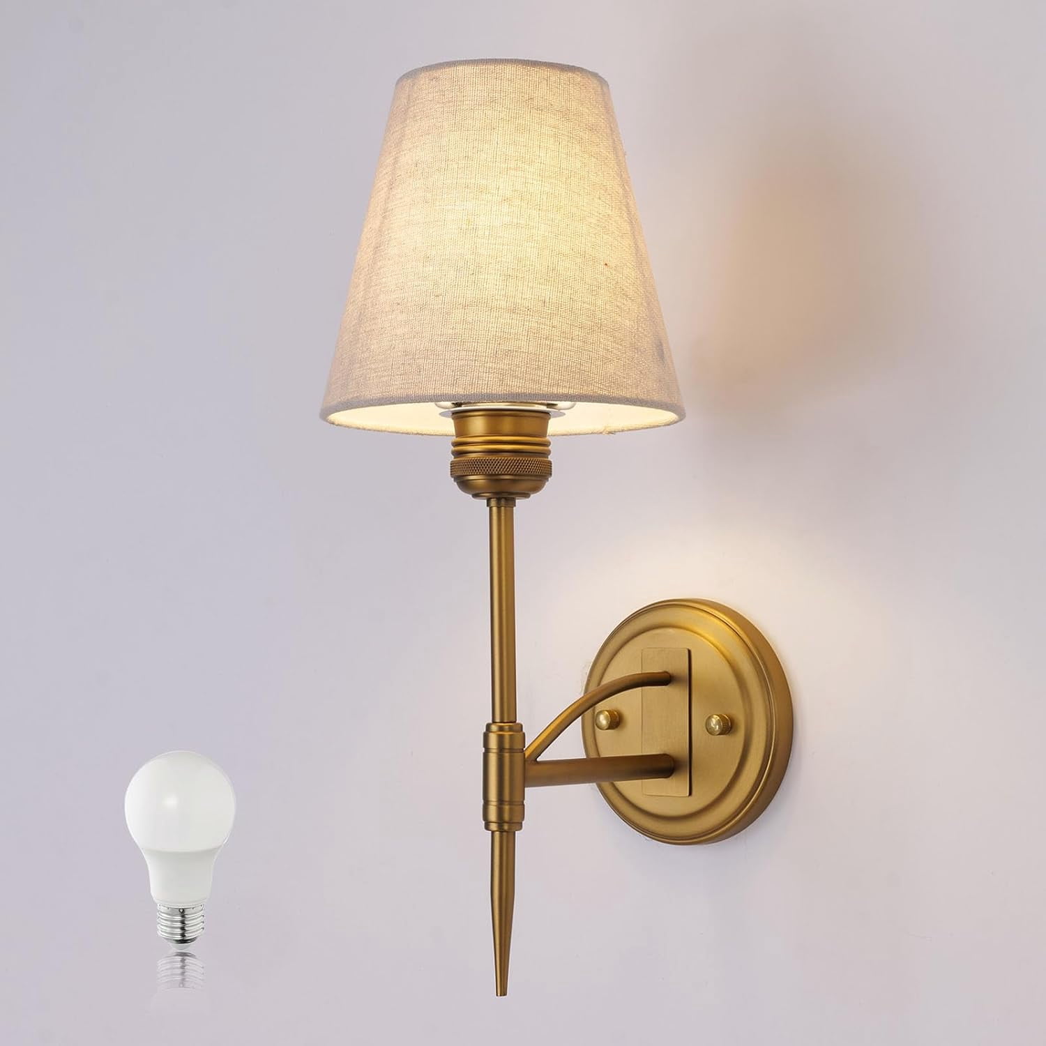 Brass Wall Sconces Light with Linen Fabric Shade Vintage Industrial ...