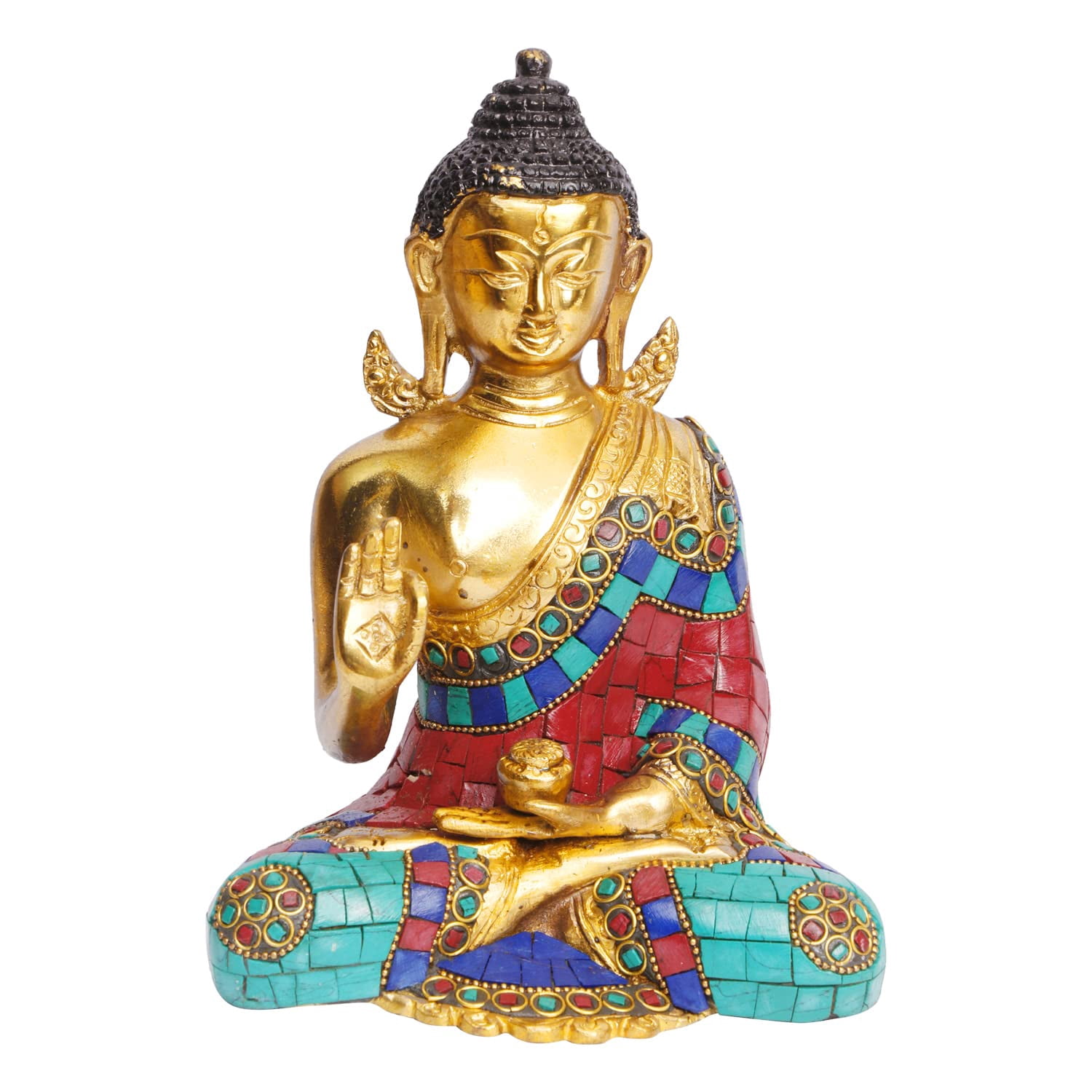 Brass World Buddha Statue Blessing Brass with Multicolor Stone Handwork ...