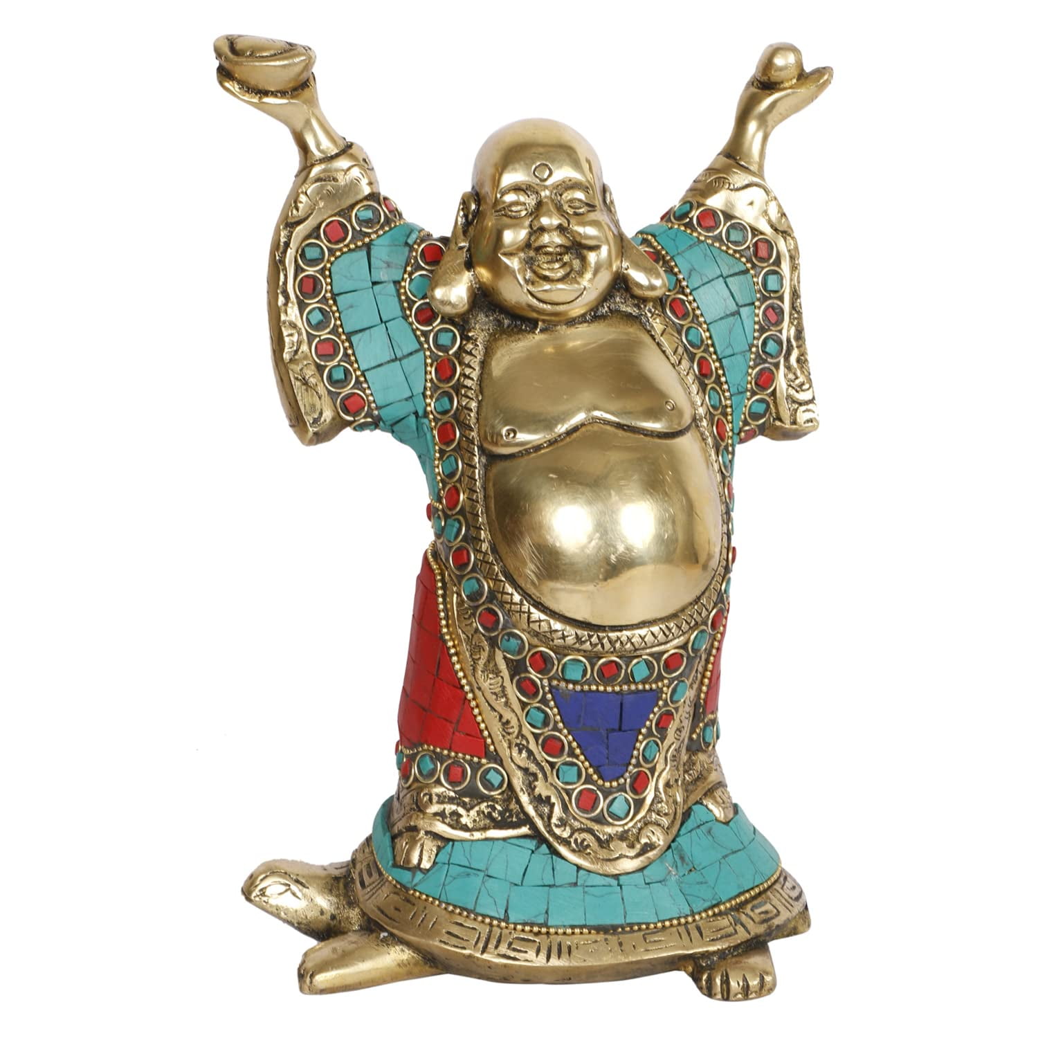 Brass World Feng Shui Laughing Buddha Standing on Tortoise Brass with ...