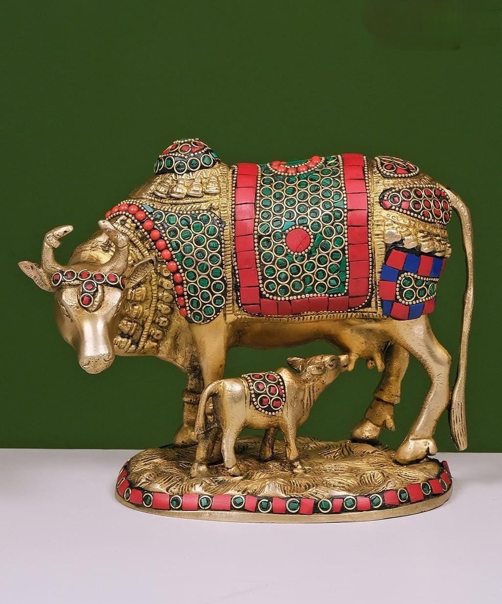Brass with stone work Kamdhenu Cow with Calf statue idol for home décor ...