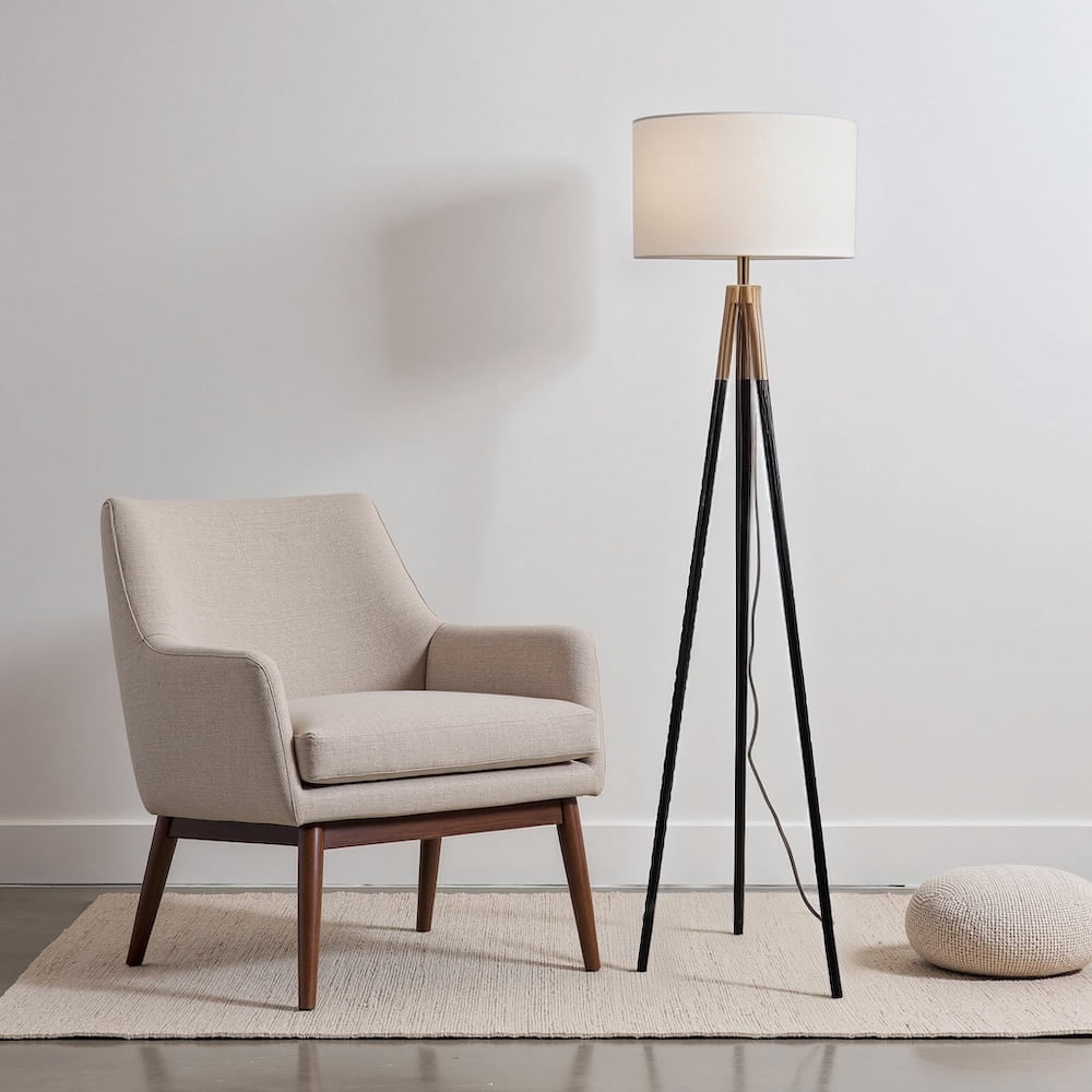 Brassed Gold Floor Lamp with On/Off Switch, Tripod Legs, White Fabric ...