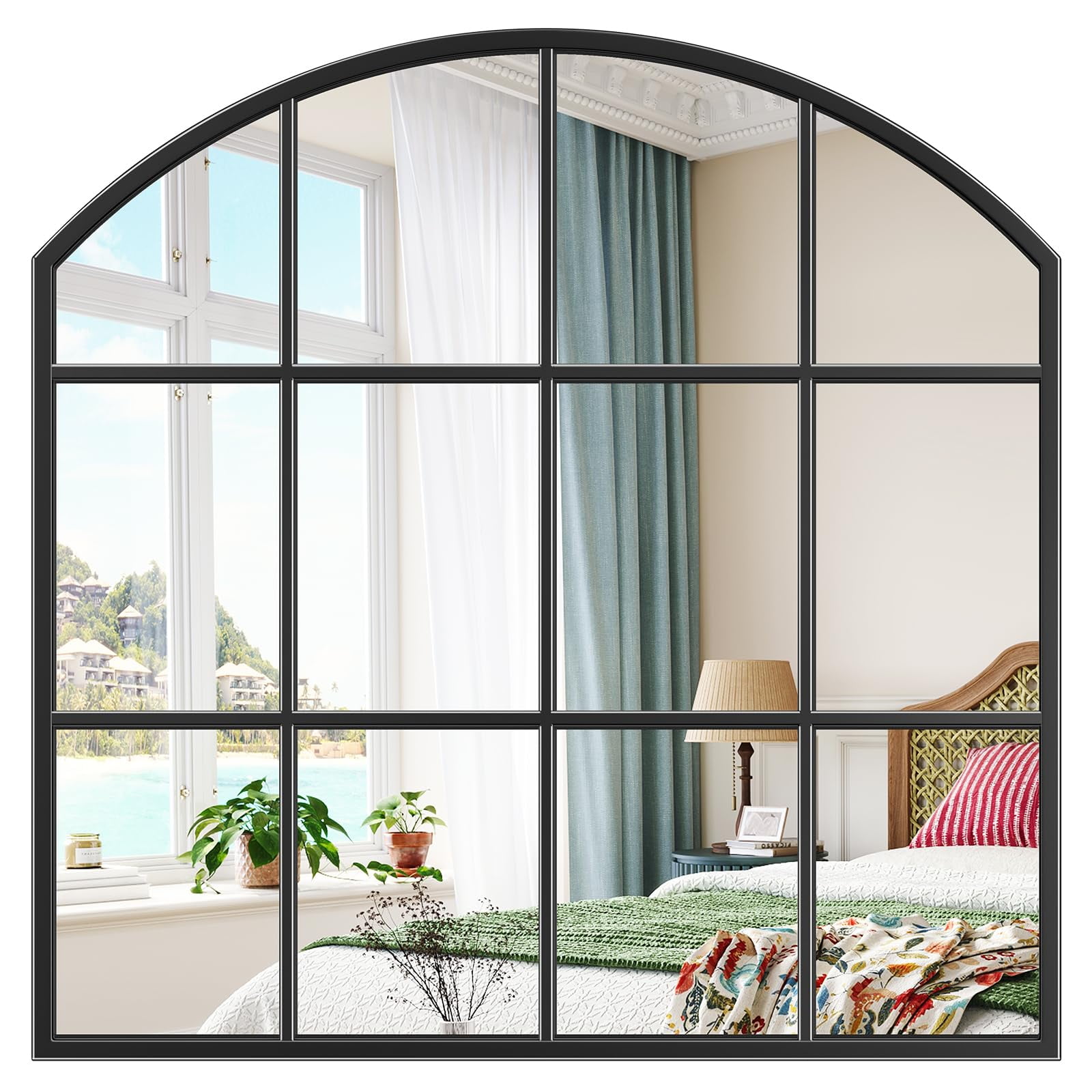 Brauthon Window Pane Black Mirror, 28" x 28" Farmhouse Arched Wall ...