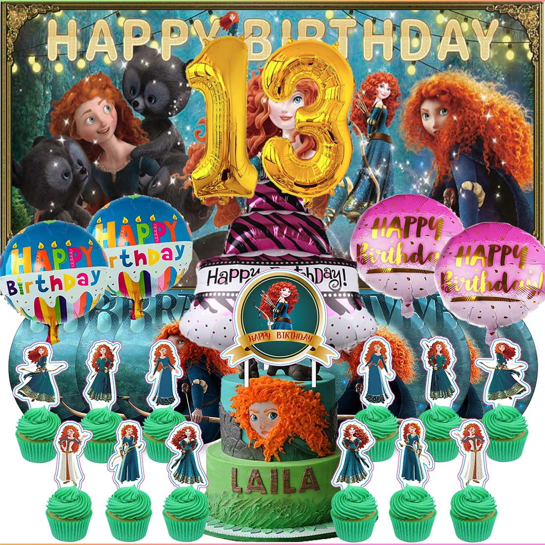 Brave Merida Princess 13th Tableware Balloons Cake Toppers Backdrop ...