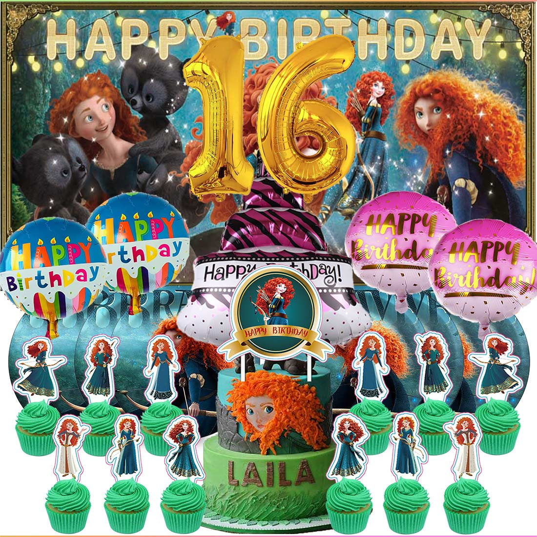Brave Merida Princess 16th Tableware Balloons Cake Toppers Backdrop ...