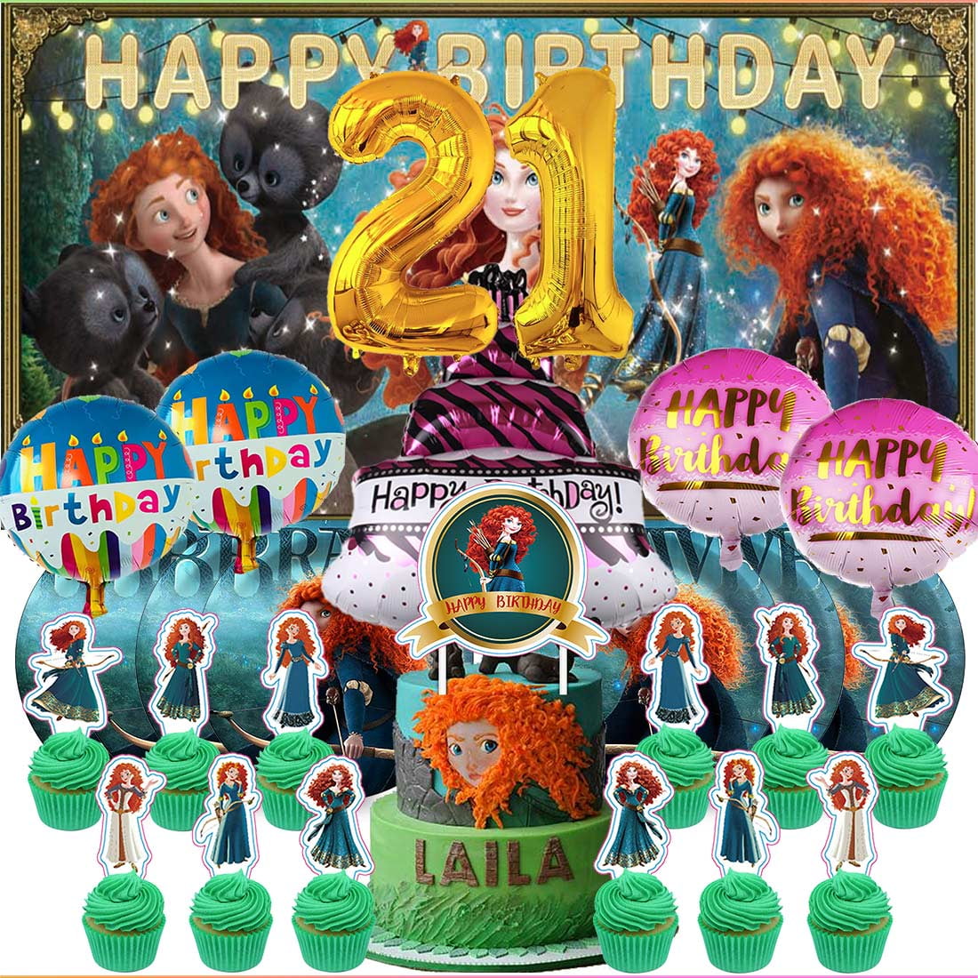 Brave Merida Princess 21th Tableware Balloons Cake Toppers Backdrop ...
