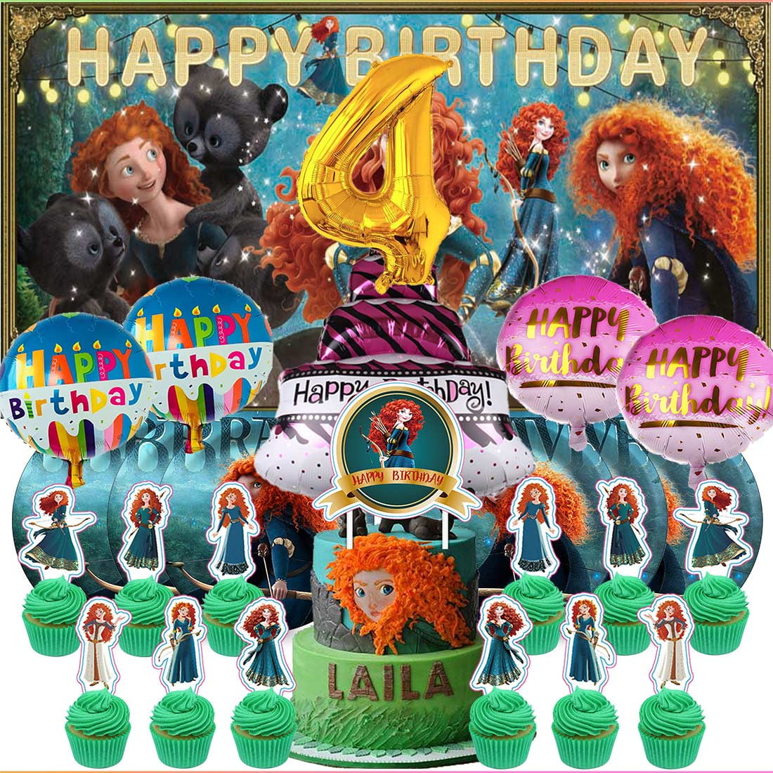 Brave Merida Princess 4th Tableware Balloons Cake Toppers Backdrop ...