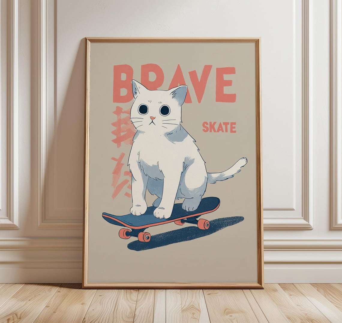 Brave Skate Cat Kawaii Japanese Wall Art Cute Anime Skateboarding ...