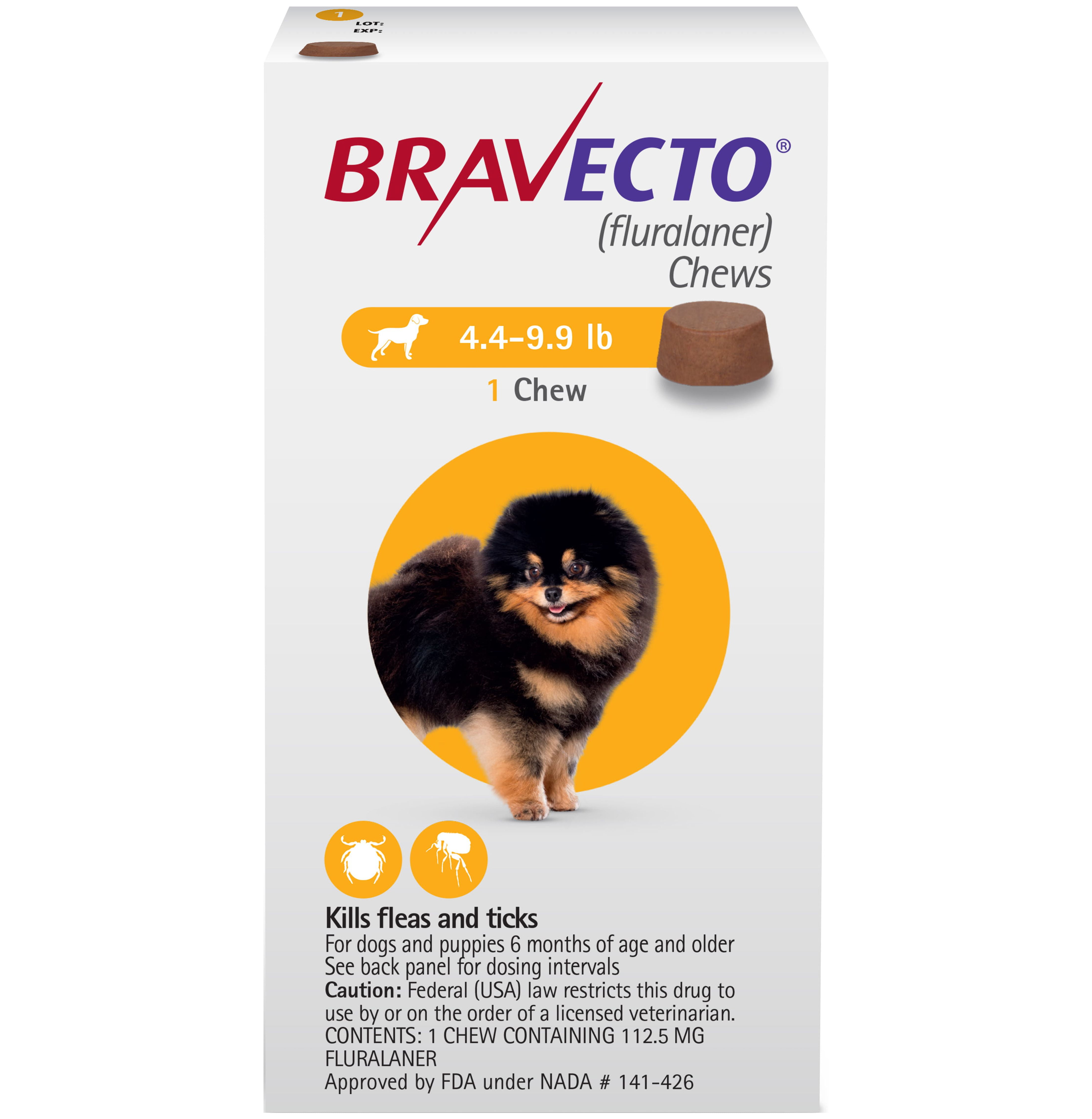 Bravecto (Fluralaner) Chews for Dogs, 4.4-9.9 lbs, (Yellow Box ...