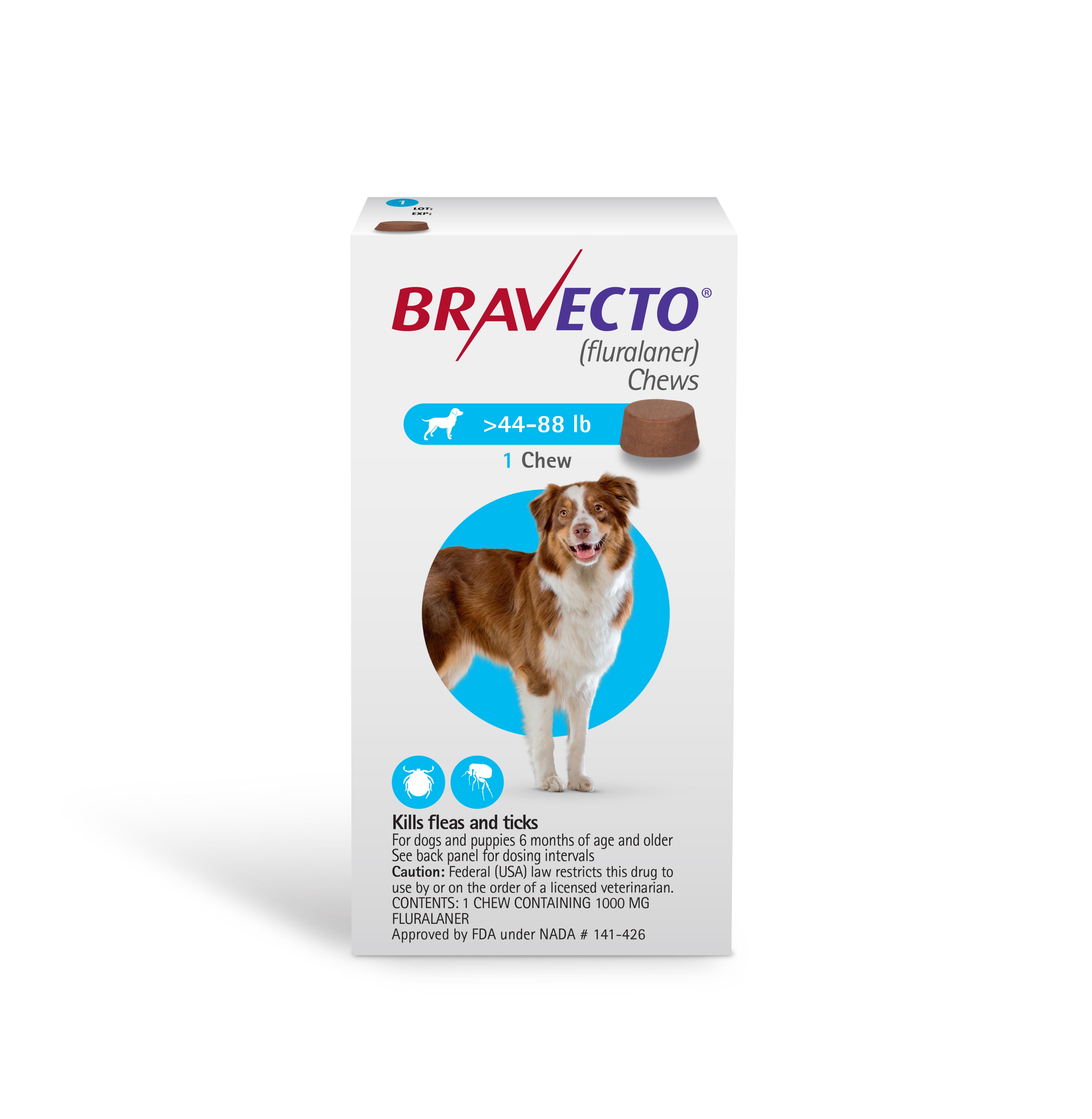 Bravecto Chews for Dogs, 44-88lbs, (Blue Box), 1 Chew (12 weeks supply ...