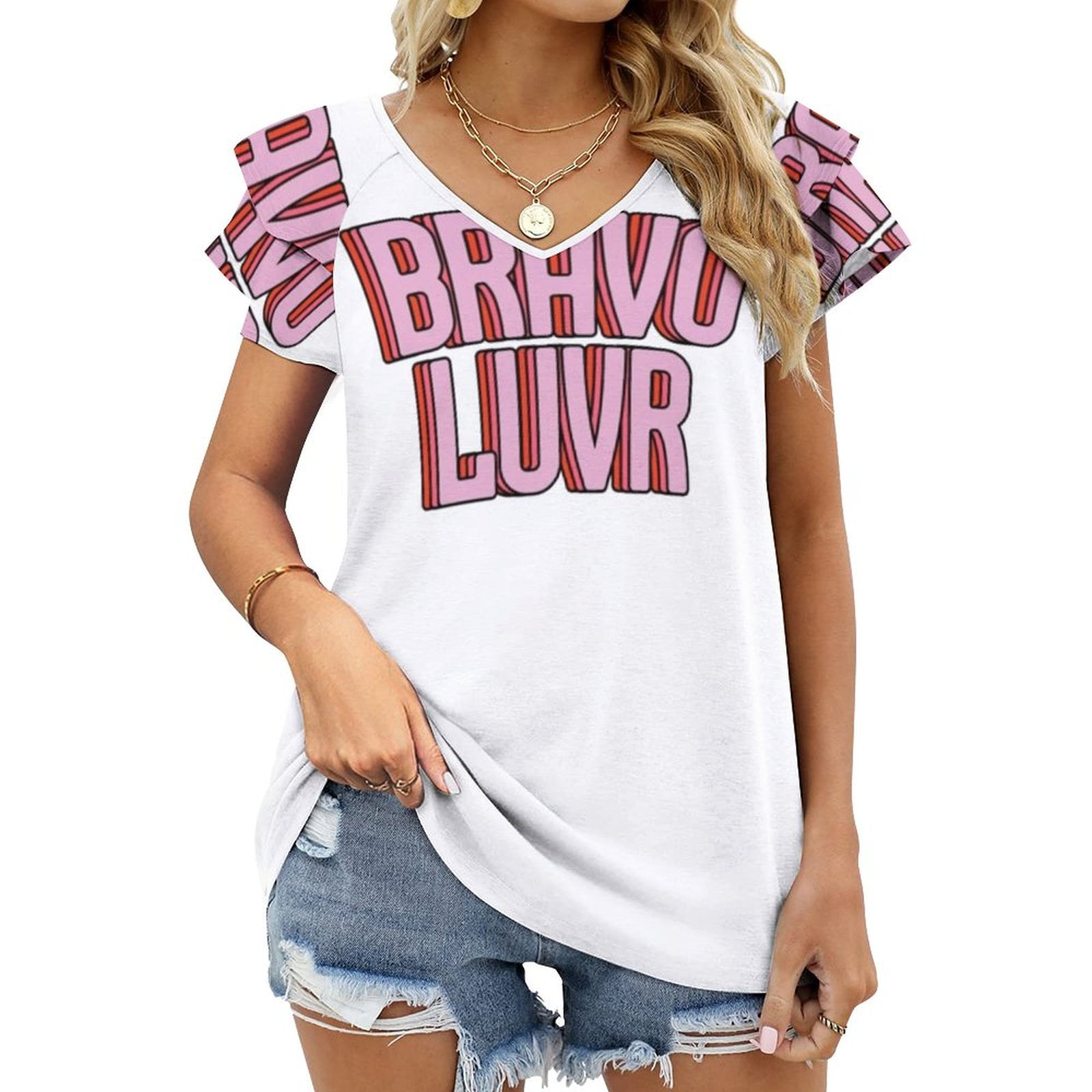Bravo Luvr Ruffle Short Sleeve T Shirts Summer V Neck Tops Fashion ...