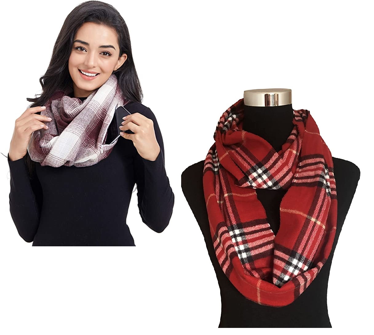 Bravo! Women Tartan Plaid Infinity Scarf With Pocket Hidden Set of 2 ...