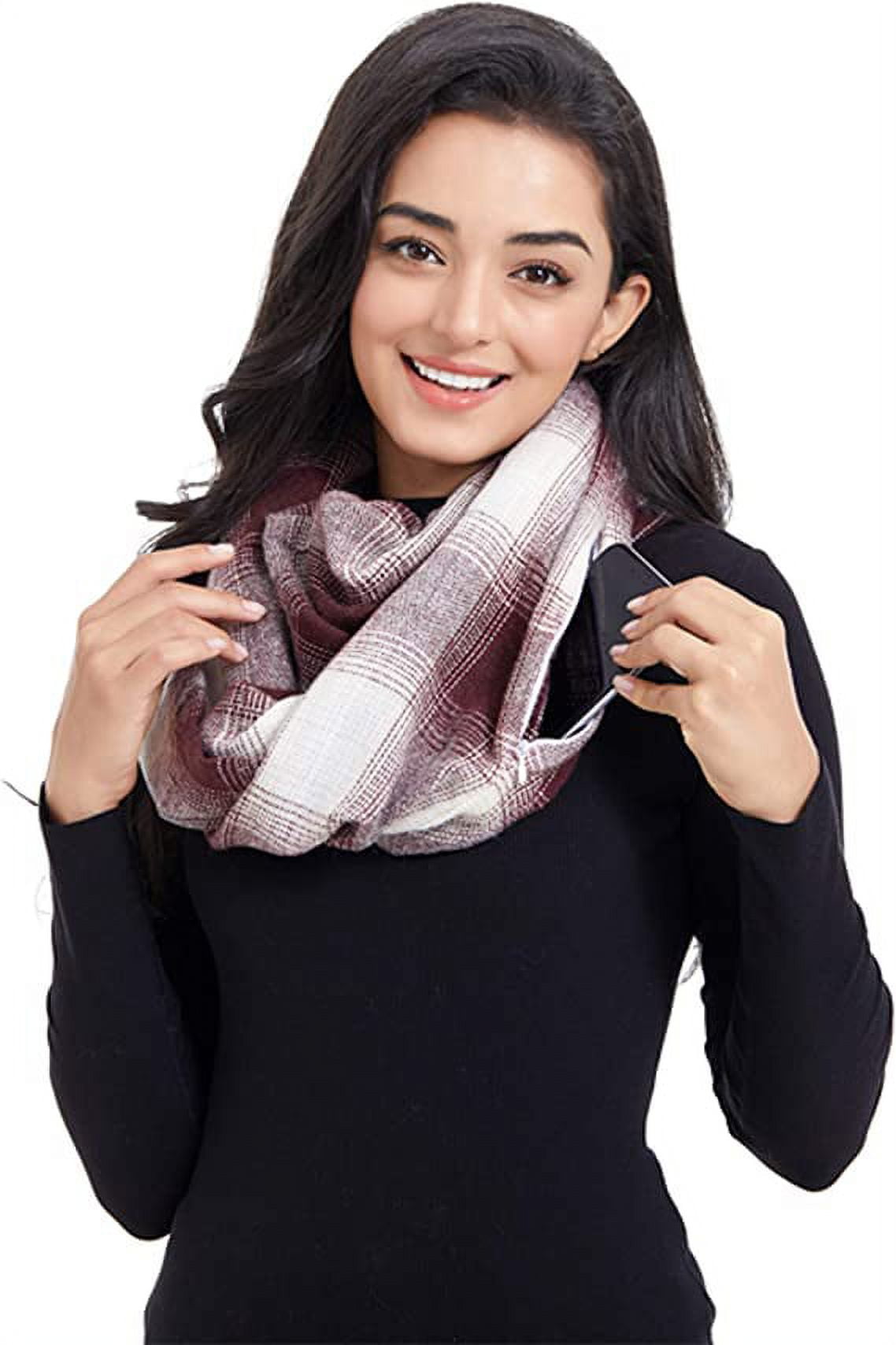 Bravo! Women Tartan Plaid Infinity Scarf With Pocket Hidden Winter Knit Black/White - Walmart.com