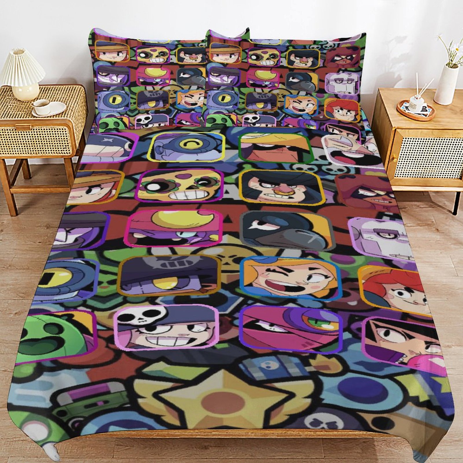 Brawl Stars Cartoon 3 Piece Bedding Set, Cute Anime Printed Duvet Cover ...