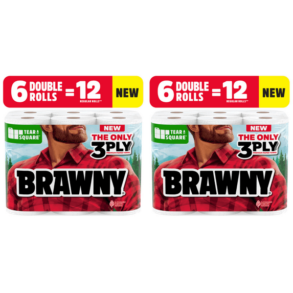 Brawny Tear-A-Square 3-Ply Paper Towels, 6 Double Rolls (Pack of 2) – Custom Size, Strong ...