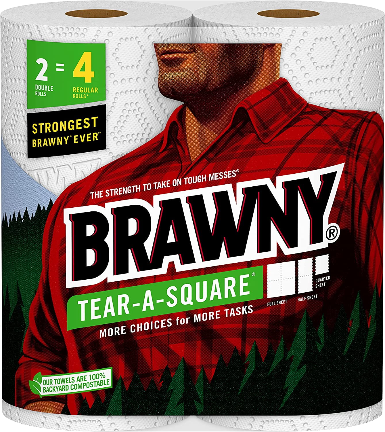 Brawny® Tear-A-Square® Paper Towels, 2 Double Rolls, 3 Sheet Sizes, 120 ...