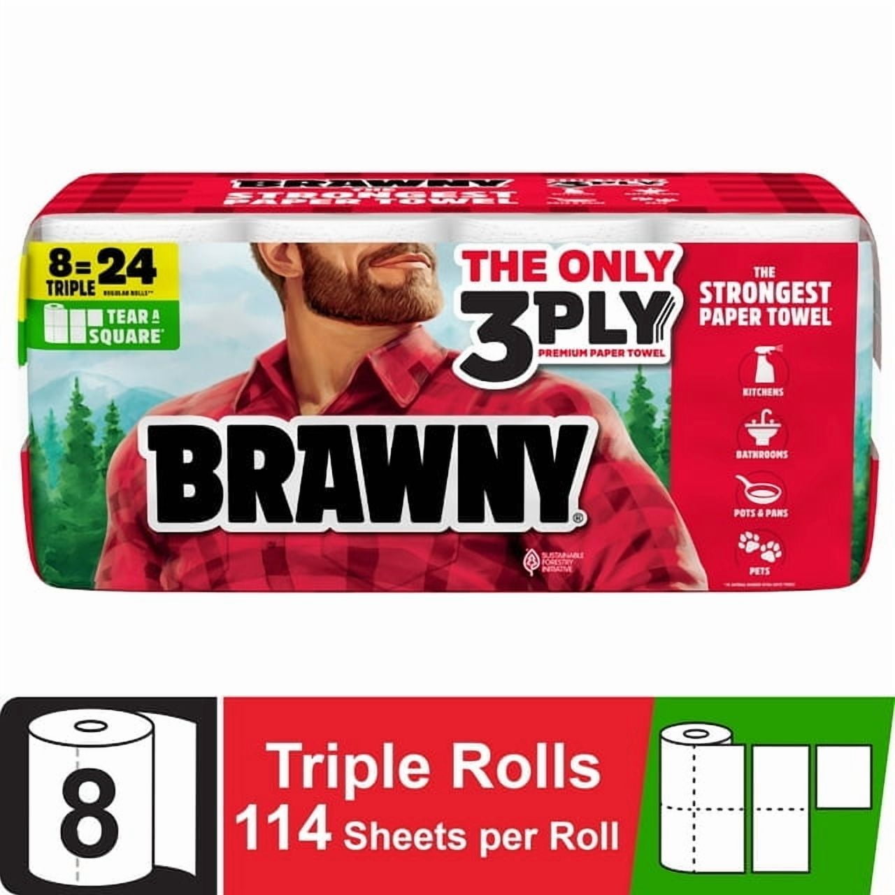 Brawny Tear-a-Square 3-Ply Paper Towels, 8 Triple Rolls (2 pack) - Walmart.com