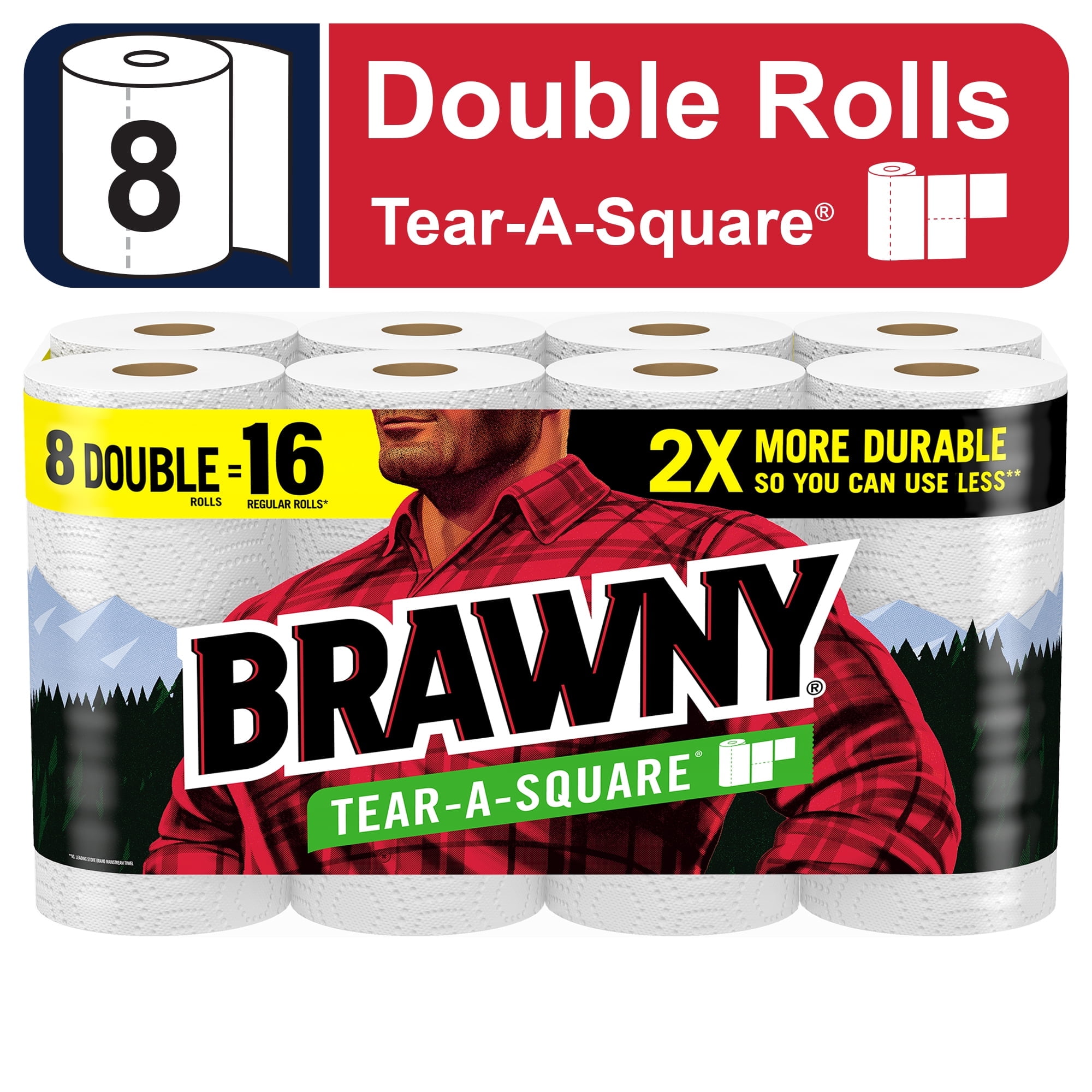 Brawny Tear-a-Square Paper Towels, 8 Double Rolls, 3 Sheet Sizes ...