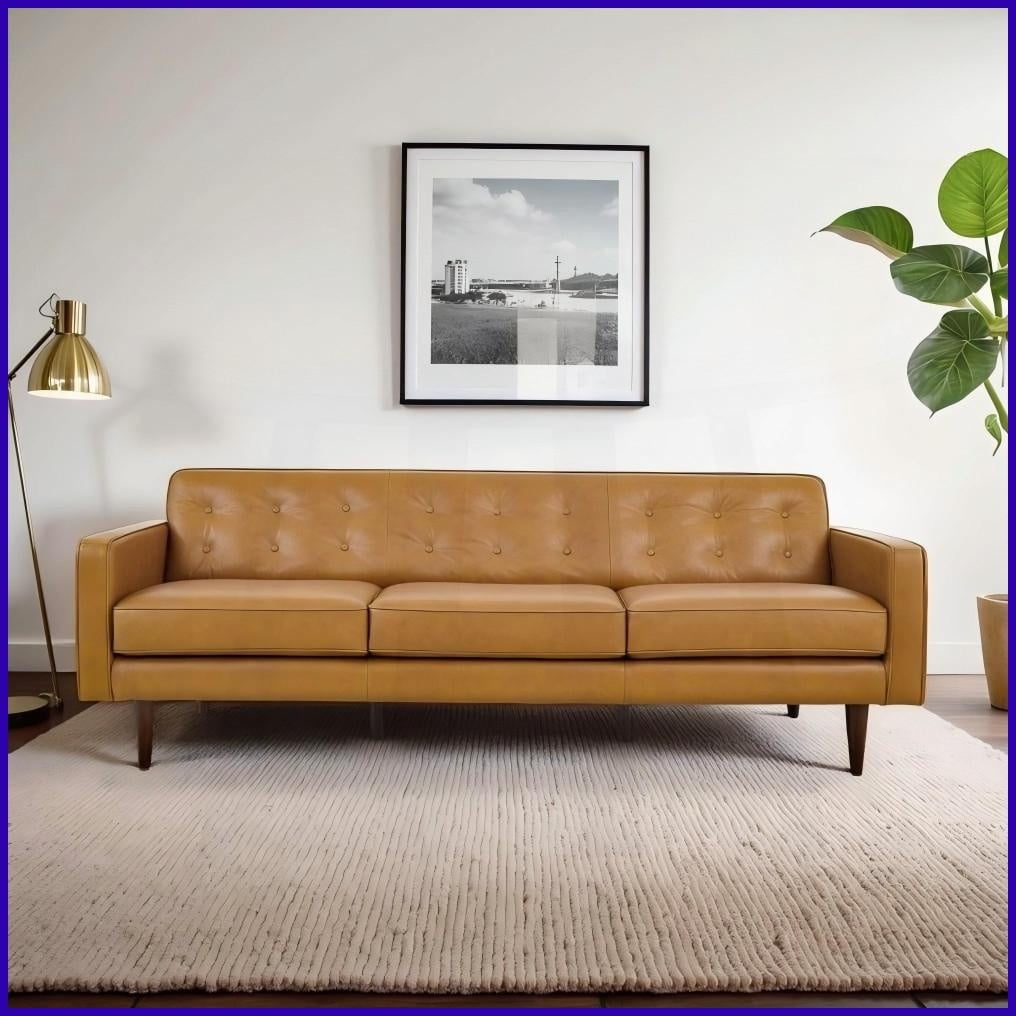 Braxton Mid-Century Modern Tan Genuine Leather 3-Seat Sofa - Easy Clean ...