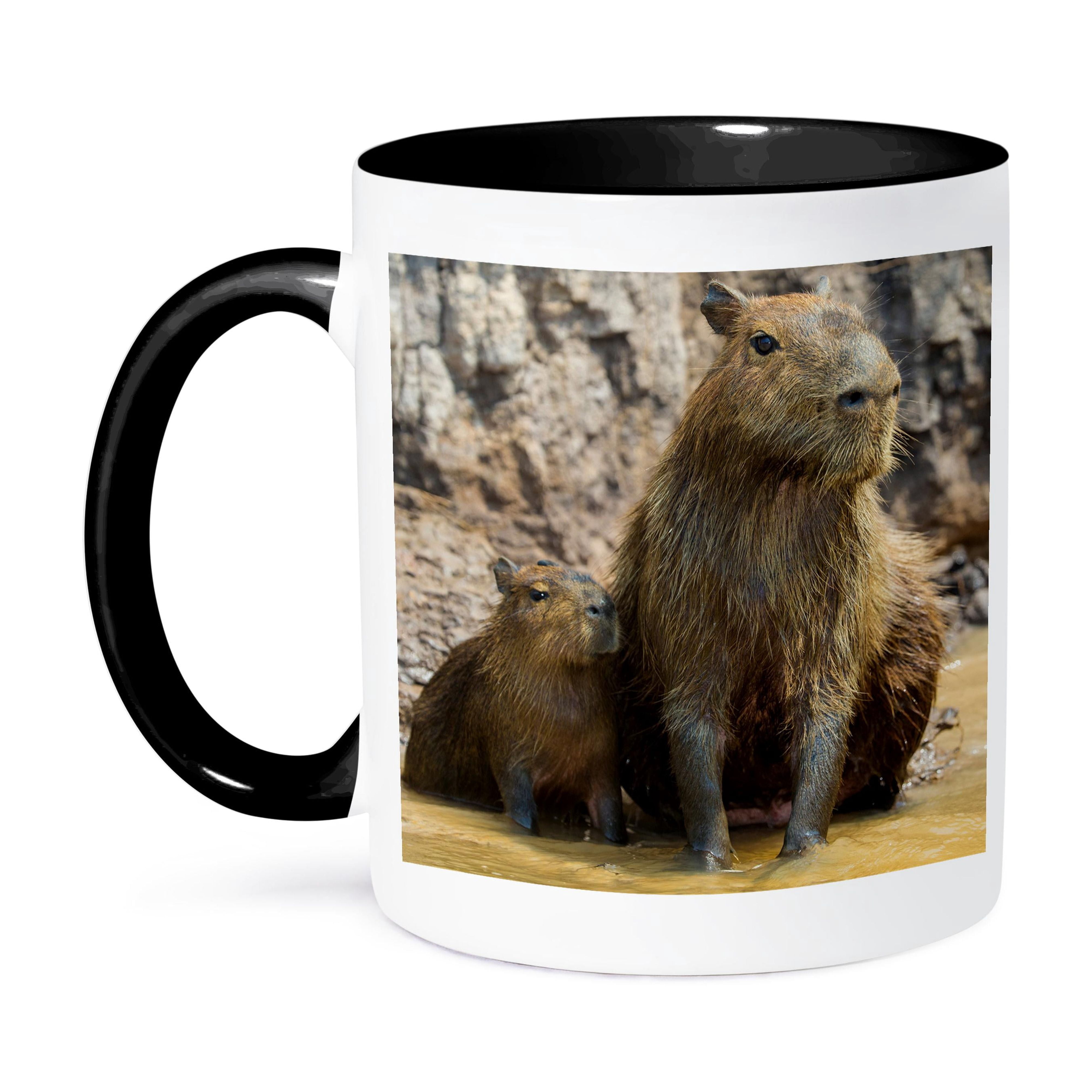 Brazil. A Capybara Sitting In Muddy Water With Its Offspring., 11oz Two ...