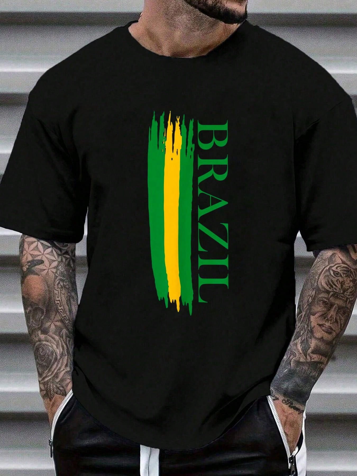 Brazil Flag Color Stripes T-Shirt Print T-Shirt Casual Crew Neck Short ...
