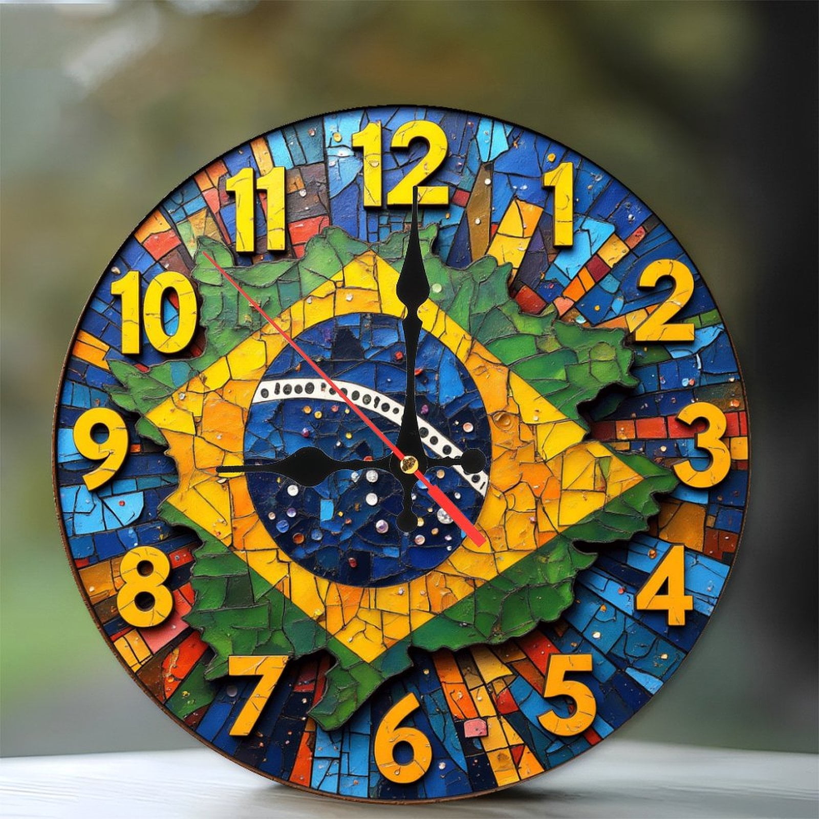 Brazil Flag Mosaic Wall Clock 10-Inch Silent Wooden Wall Clock, Battery ...
