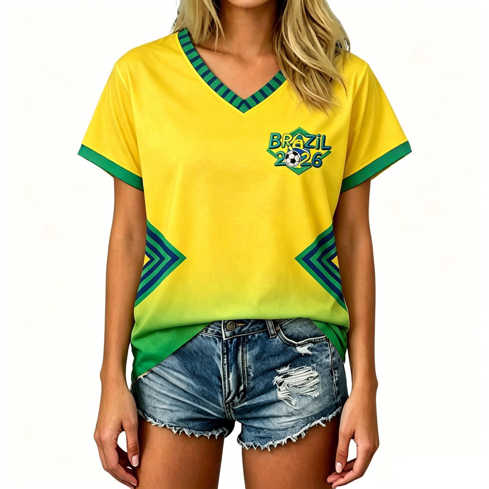 Brazil Jersey Yellow Women's Brazil Flag Pattern V Neck Short Sleeve ...