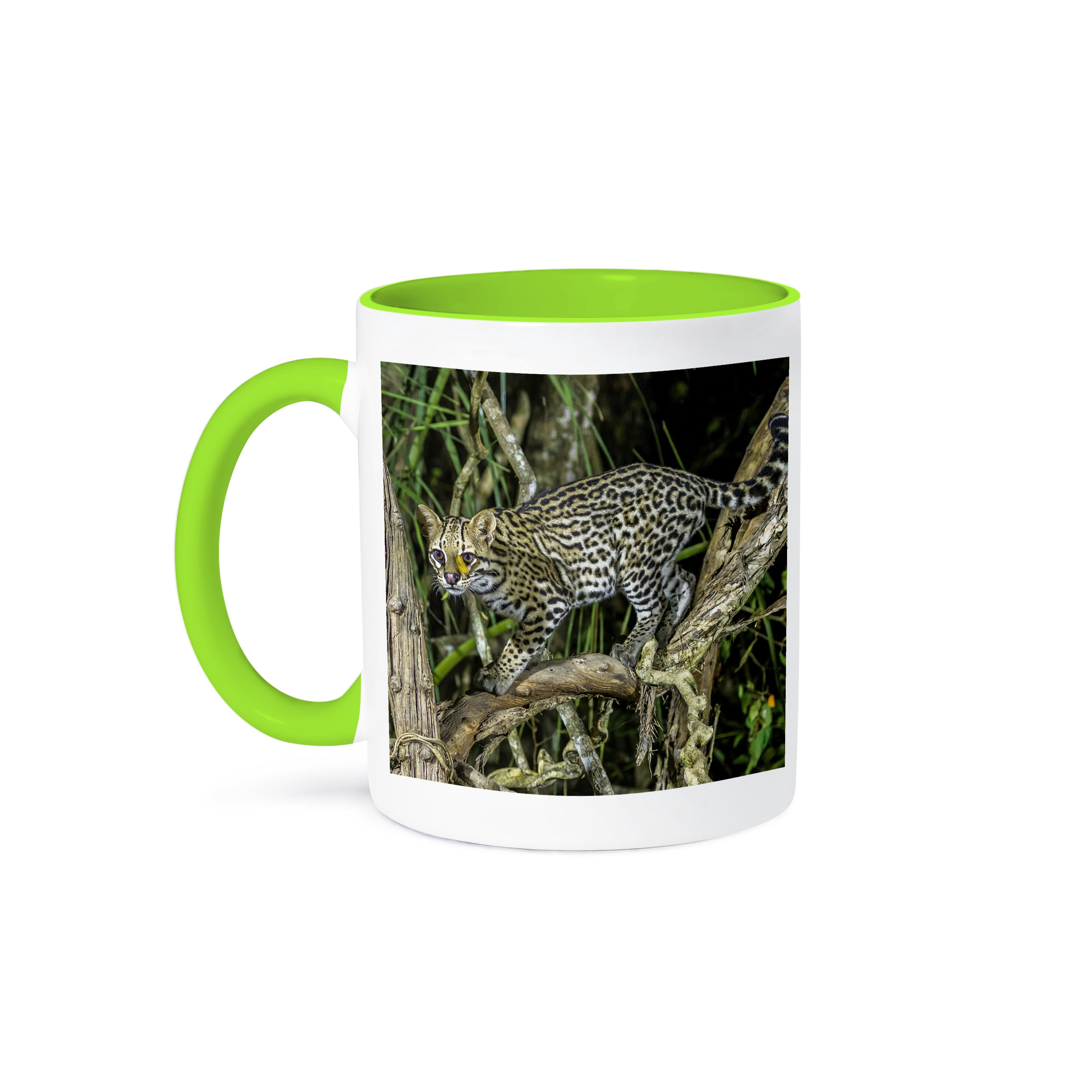 Brazil, Pantanal. Ocelot On Tree Branch. , 15oz Two-Tone Green Mug ...